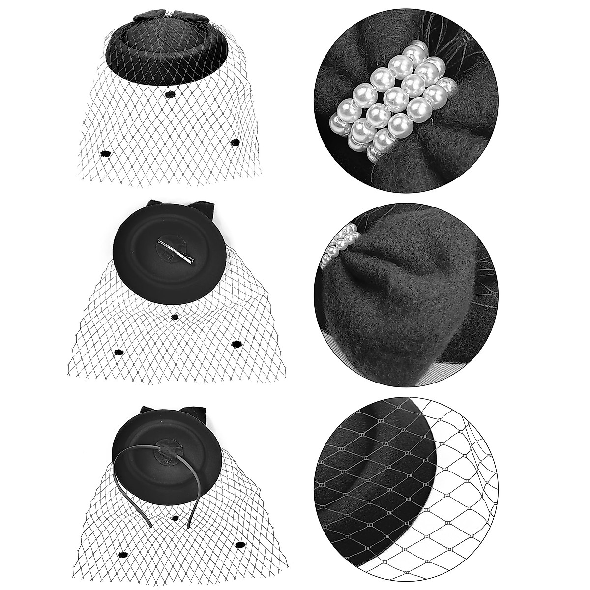 Pillbox Hat with Veil Vintage Fascinators Hats Set 20s 50s Pearl Top Hat for Women Cocktail Tea Party Wedding