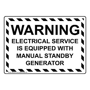 ComplianceSigns.com Warning Electrical Service Is Equipped With Manual Standby Generator Label Decal, 5x3.5 in. 4-Pack Vinyl