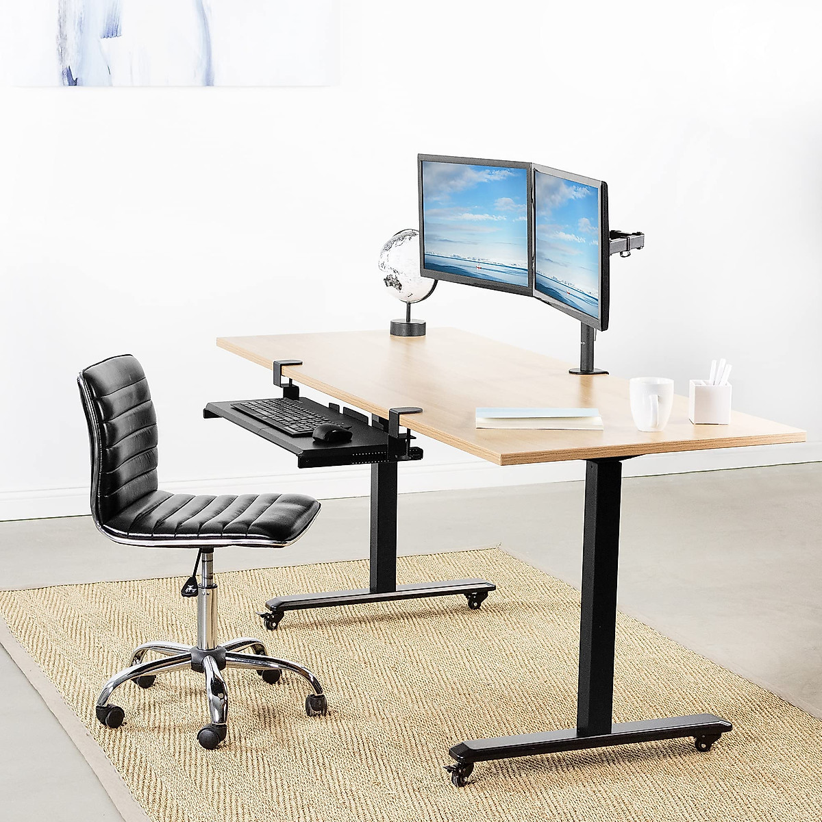 VIVO Dual 13 to 27 inch LCD Monitor Mount and Under Desk C-clamp 27 x 11 Keyboard Tray Kit, Heavy Duty, Fully Adjustable Stand and Slide-Out Platform (Bundle)