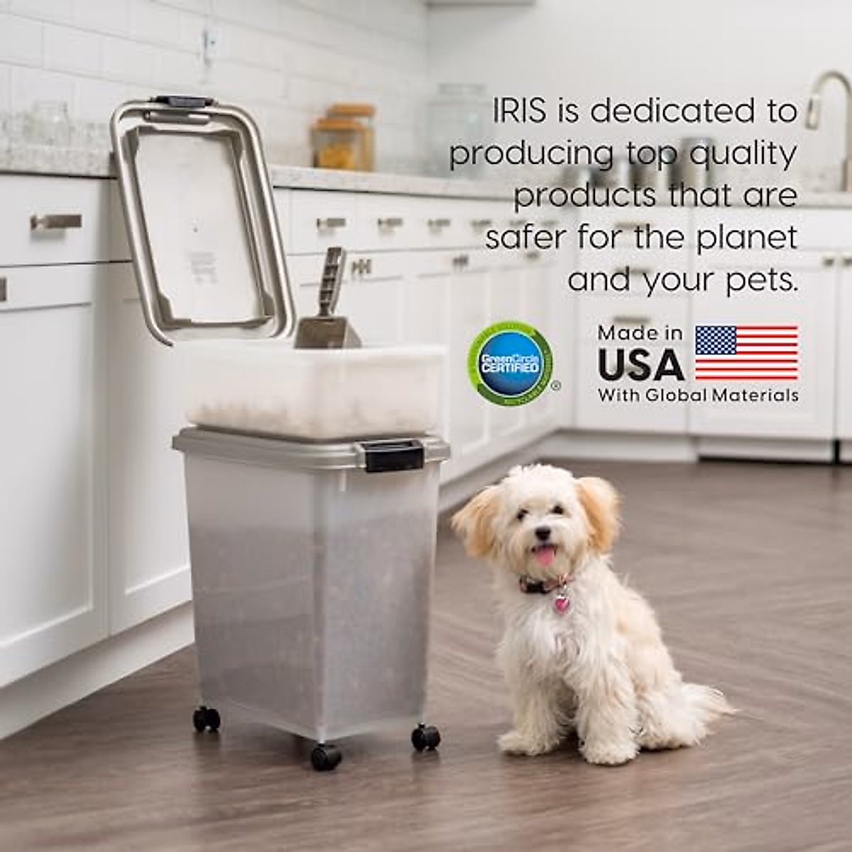 IRIS USA Dog Food Storage Container, 30 lbs & 11 lbs Combo, Cat Food Storage Container, Dog Treat Container, Airtight, Stackable, 2-Cup Scoop, Wheels, Easy Mobility, Chrome