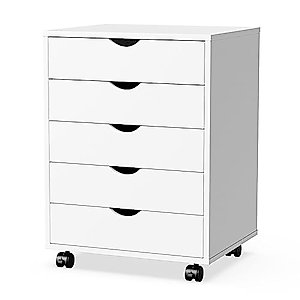 Sweetcrispy 5 Drawer Chest - Storage Cabinets Dressers Wood Dresser Cabinet with Wheels Mobile Organizer Drawers for Office, Bedroom, Home, White