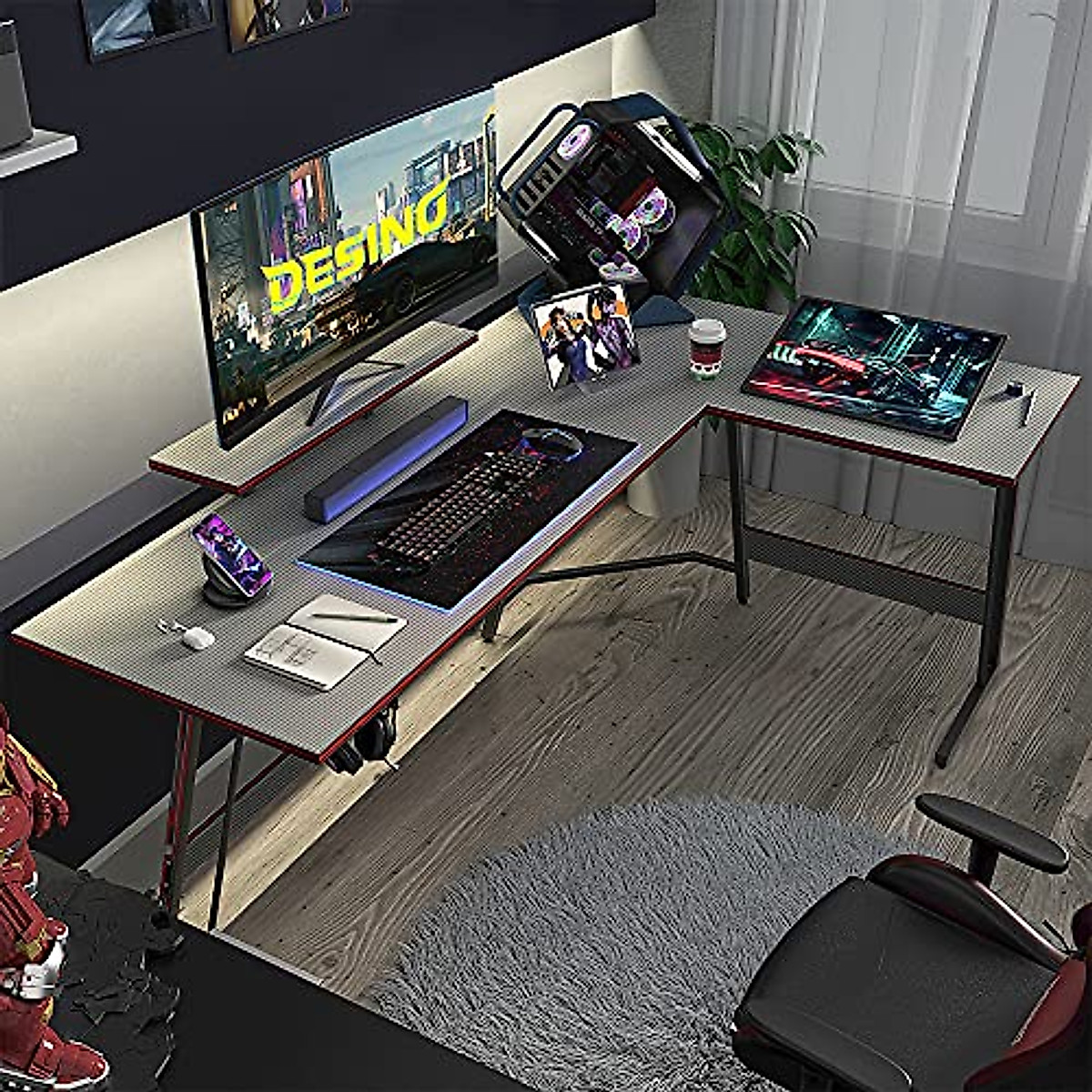 DESINO L Shaped Gaming Desk 59 inch Computer Coner Desk PC Wirting Table Gamer Workstation for Home Office, Gray