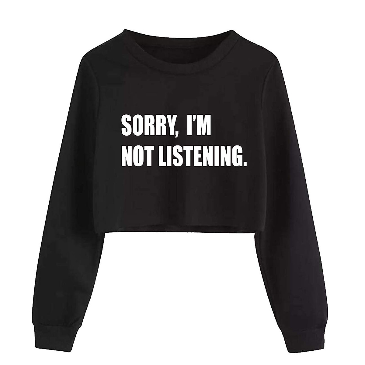 EAST KNITTING Sorry I'm Not Listening Print Girls Crop Tops Teens Crewneck Long Sleeve T-Shirts(Black,150)
