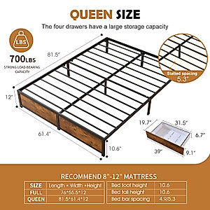 HCZCZX Queen Size Metal Bed Frame with Storage Drawers, no Box Spring Required, Easy to Assemble and noiseless (Queen)