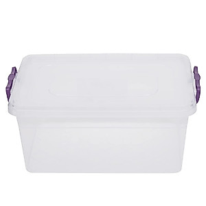 Home Basics Plastic Storage Box with Locking Lid, Clear | Durable Latches for Secure Closure | Purple Handles (7.5 liter)