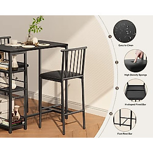 Gizoon Bar Table and Chairs Set for 2 with 3 Storage Shelves, Modern Pub Table Set with Pu Cushion Chairs & Thick Wood Top for Breakfast, 3-Piece Small Table for Kitchen - Black