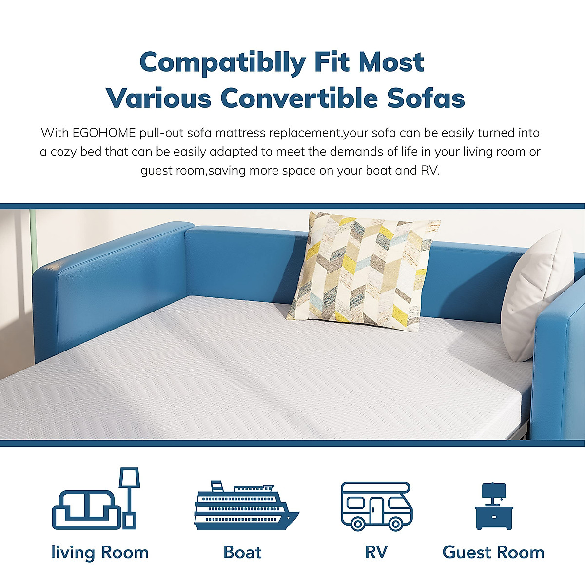 EGOHOME Full Memory Foam Replacement Mattress Sleeper 4.5-Inch for Convertible Sleeper Sofa and Couch Beds, Cooling Gel Green Tea Mattress in a Box, 73”×52”×4.5”, Sofa Not Included