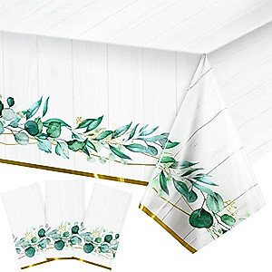 Eucalyptus Leaf Tablecloth Plastic Green Leaves Eucalyptus Table Cover 54 x 108 Inch Disposable Greenery Baby Shower Table Cloths for Home Birthday Wedding Party Supplies Table Decor (3 Pack)