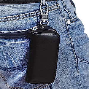 WESTONETEK Unisex Mens Womens Premium Leather Car Key Holder Bag Keychain Case Wallet with 6 Hooks Zipper Closure, Black