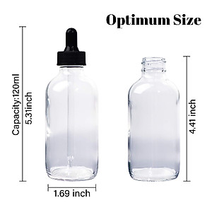 HWASHIN 12 Pack 4oz Clear Glass Bottles with Glass Eye Droppers for Essential Oils, Perfumes & Lab Chemicals (1 Brush, 2 Funnels, 2 Extra Droppers, 24 Pieces Labels & 30ml Measuring Cup Included)