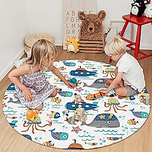 Round Modern Area Rug Mats for Living Room Cute Submarine Whale Fish Octopus Cartoon Ocean Sea Life Pattern Non-Slip Floor Mat Carpet Soft Throw Rug Comfort Accent Rug for Kitchen/Kids Room