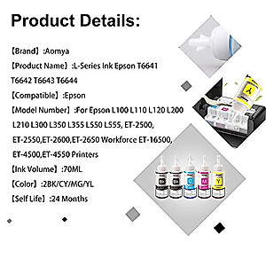 Aomya Compatible Epn T664 Ink Refill Bottle kit for Expression ET-2650, ET-2500, ET-2550, ET-2600 & Workforce ET-16500, ET-4500, ET-4550 L100 L110 L120 L200 L210 L300 L350 L355 L550 L555 Printers