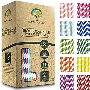 Naturalik 300-Pack Multi-Color Extra Durable Paper Straws Biodegradable- Premium Paper Straws Bulk- Drinking Straws for Juices, Restaurants and Party Decorations, 7.7" (Multicolor, 300)