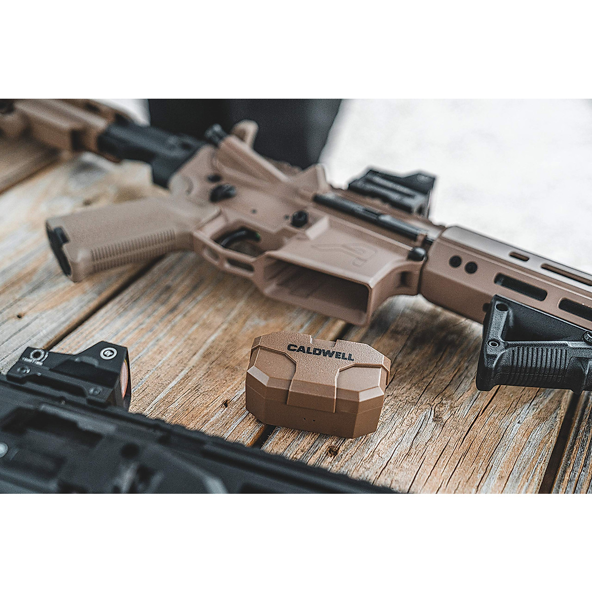 Caldwell E-Max Shadows FDE 23 Decibels NRR - Electronic Hearing Protection with Bluetooth Connectivity for Shooting, Hunting, and Range, Brown