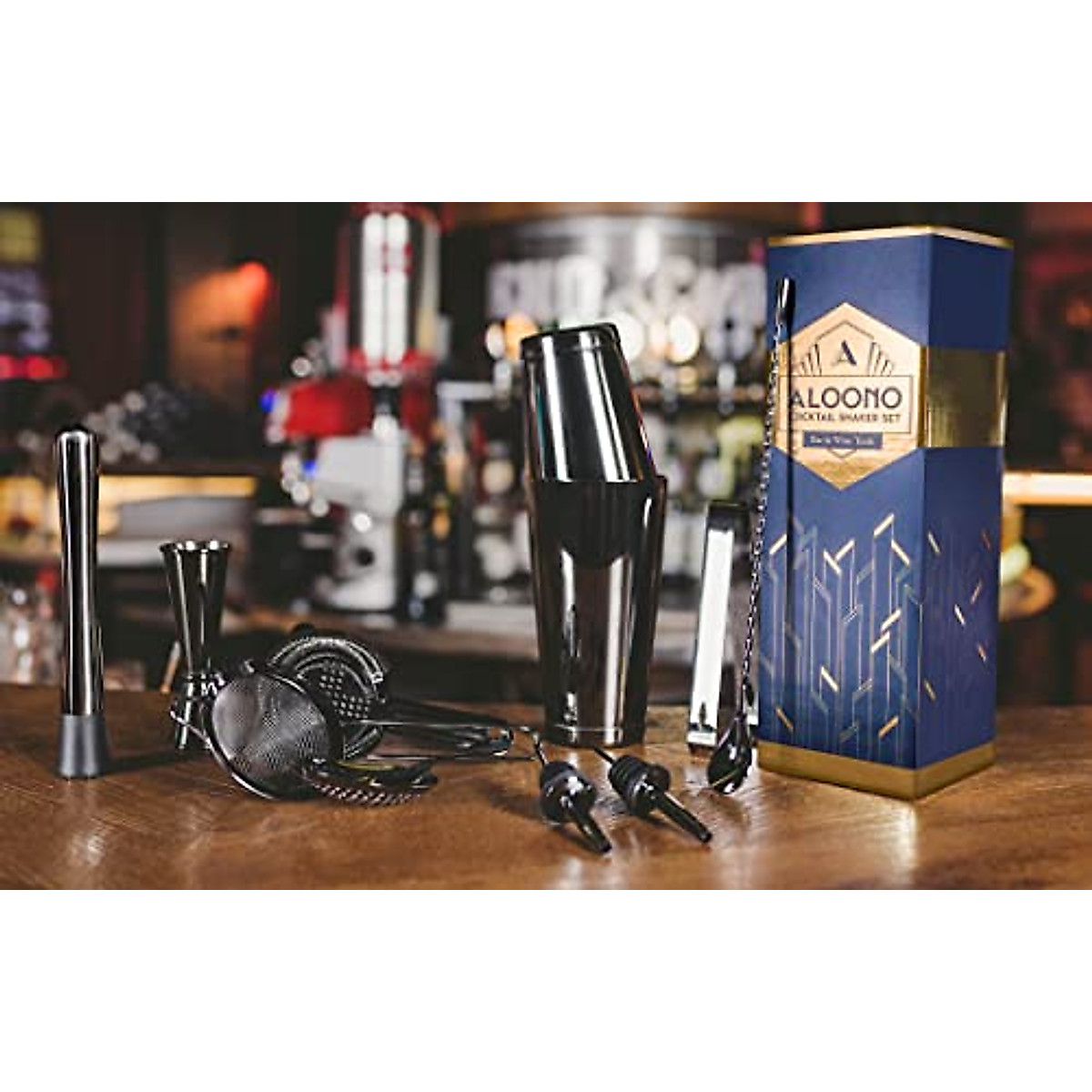 ALOONO 11-Piece Black Boston Cocktail Shaker Set Bartender Kit | Drink Mixer Bar Set | Cocktail Set Bar Accessories: Martini Shaker, Strainer, Jigger, Muddler, Spoon, & More