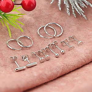 Milacolato 8 Pairs Sterling Silver Stud Earrings Set for Women Men 14K White Gold Plated Ball Dot Star Moon Bar CZ Stud Earrings Small Huggie Hoop Cartilage Earrings Sets for Multiple Piercing Hypoallergenic