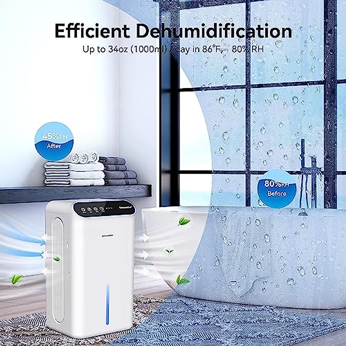 Dehumidifiers for Home, Up to 800 Sq.ft, 86oz Water Tank, Dehumidifiers for Bedroom with Essential Oil Diffuser, 7 Color LED Light, 24H Timer, Auto Shut-off, Ideal for Bathroom Basement Closet RV