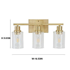 EMONG Gold Bathroom Light Fixtures, 3-Lights Vanity Light with Clear Glass Shade, Brushed Brass Wall Sconce for Hallway, Farmhouse, Living Room