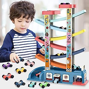 Gliding Car Toy Toddler Toys Car Ramp Toy Race Track Car Gifts Zig Zag Car Slide with 6 Ramps 8 Mini Cars- Racing Car Toys for Kids Boys Girls 3 4 5 6