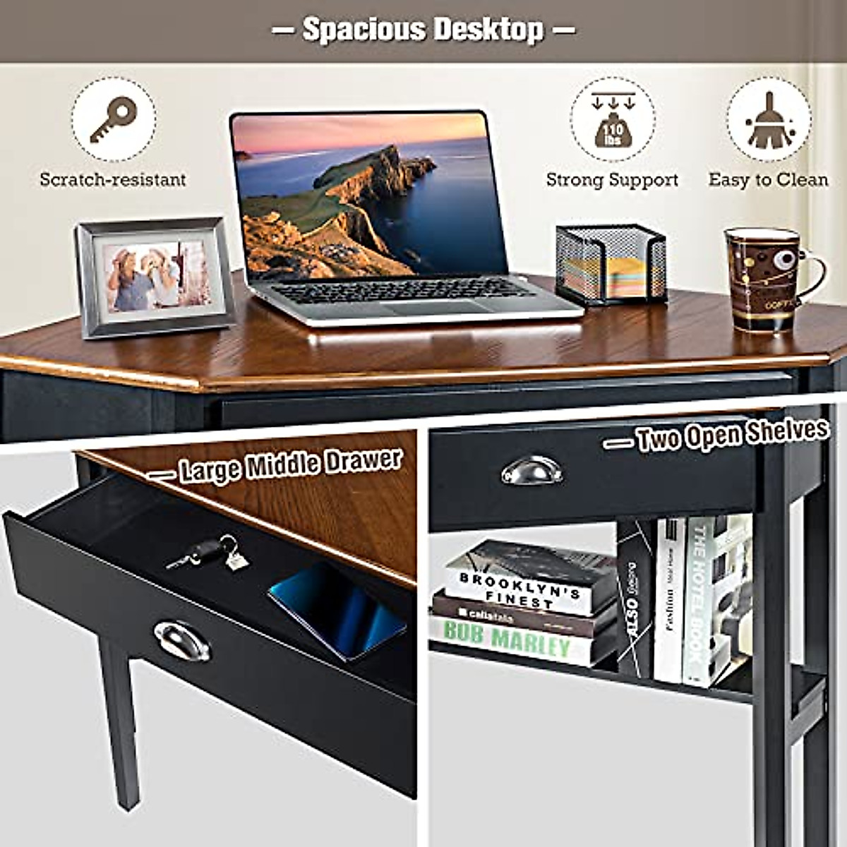 GOFLAME Computer Corner Desk, Wood Compact Home Office Writing Worstation with Drawer and Shelves, Laptop PC Corner Table for Small Space Home Office (Coffee)