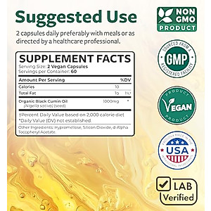 Black Seed Oil - 120 Softgel Capsules Skin Health (Non-GMO & Vegan) Cold-Pressed Nigella Sativa Producing Pure Black Cumin Seed Oil with Vitamin E - 500mg Each, 1000mg Per 2 Capsule Serving