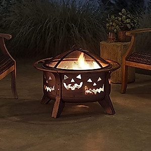 Sunjoy Fire Pit 30 in. Outdoor Wood-Burning Fire Pit, Patio Jack-o-Lantern Motif Round Steel Firepit Large Fire Pits for Outside with Spark Screen and Poker