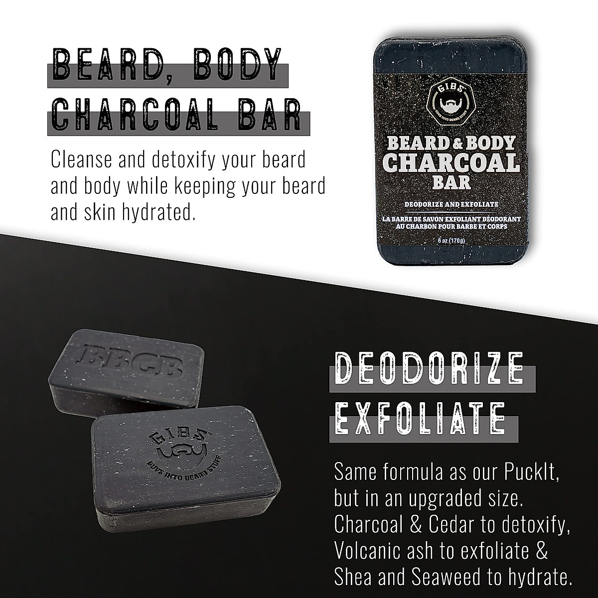 GIBS Grooming BBC Charcoal Bar - Deodorizing Soap, Spicy and rich with hints of cardamom, pepper, leather and clove., 6 oz.