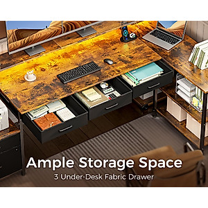 AODK L Shaped Desk with 5 File Drawers, 66" Reversible L Shaped Computer Desk with Power Outlet & LED Strip, Office Desk with Storage Shelves, Gaming Desk with Monitor Shelf, Corner Desk, Vintage