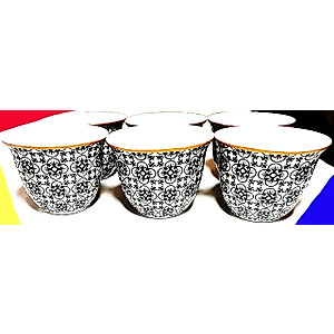 Chandler Espresso Turkish Arabica Coffee Cup Assorted Design Available from Brand 70ml 2.5oz Set of 6 Cups with Gift Box (Porcelain, White Porcelain with Black Flowers H)