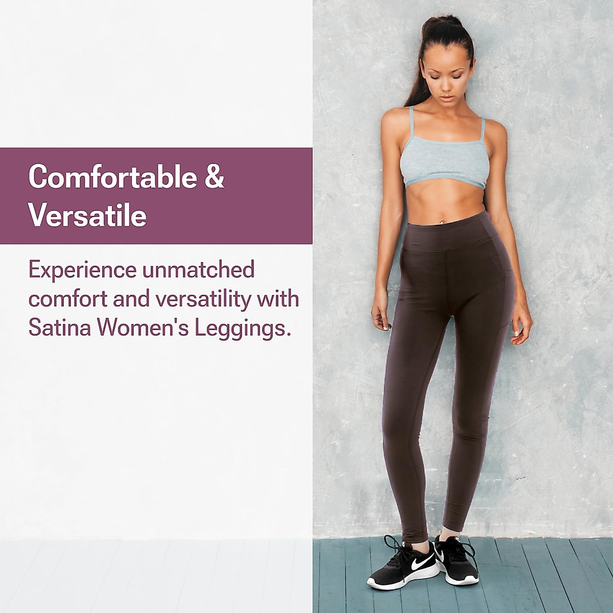 SATINA High Waisted Brown Leggings for Women - Soft, Stretchy Leggings with Side Pockets - Full Length Yoga Pants for Women - Tummy Control and Buttery Soft Fabric for All-Day Comfort - One Size