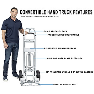 Vergo Industrial AS7A2 Aluminum Convertible Hand Truck Dolly Cart with Loop Handle 700 lbs Capacity (3 Positions, 53" High)