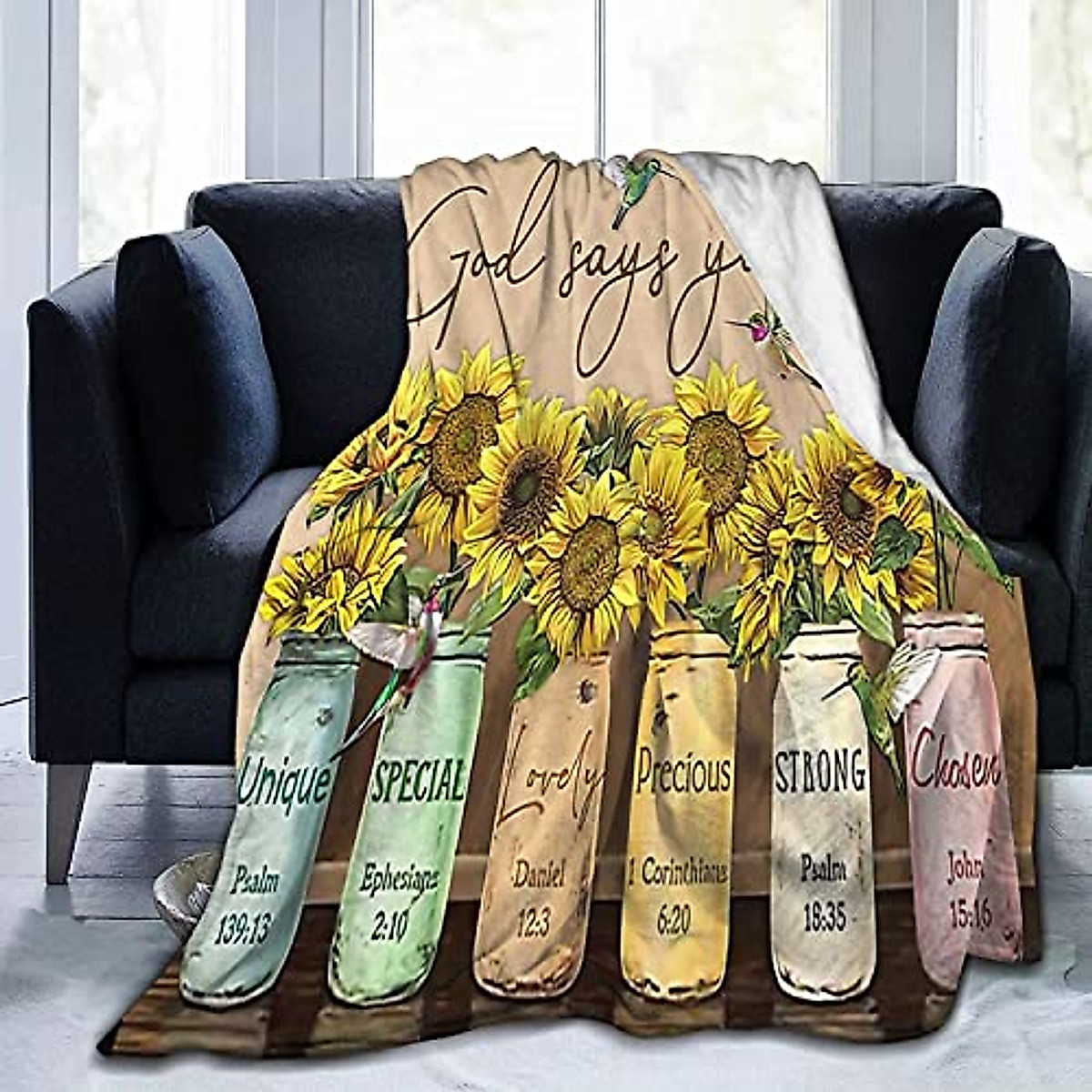 Sunflower Healing Blanket for Women ,Inspirational Quote God Says You are Hummingbird Design Sherpa Throw Blankets for Kids and Adults Cozy Blankets 50X40 inch