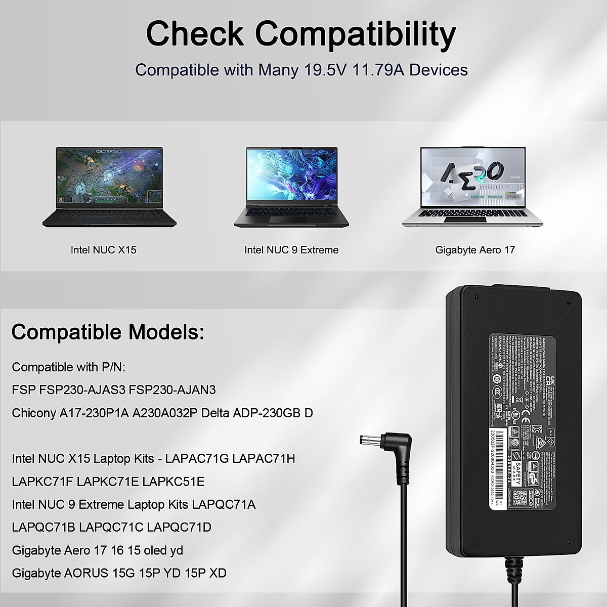 FLGAN 230W Charger powr Cord for Intel NUC X15 / 9 Extreme Laptop Kits Gigabyte Aero 17 16 15 AORUS 15G 15P YD XD FSP FSP230-AJAS3 FSP230-AJAN3 A17-230P1A