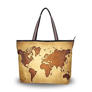 Tote Bag Retro Paper World Map Print, Large Capacity Zipper Women Grocery Bags Purse for Daily Life 2 Sizes