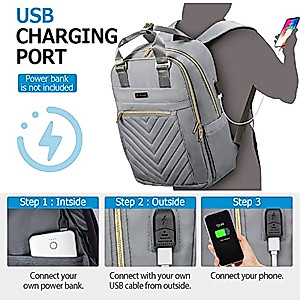 Liokesa Laptop Backpack for Women, School Backpack for Teen Girls, 15.6 Inch Quilted Womens Work Laptop Bag with USB Charging Port, Large Computer Bookbags for College Teacher, Grey