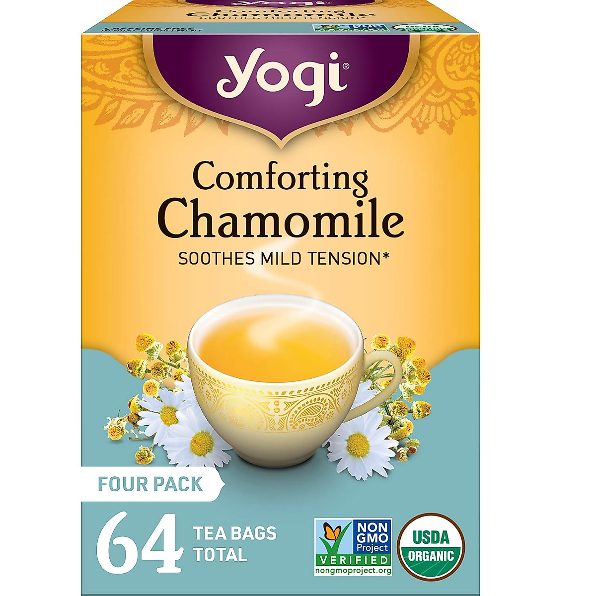 Yogi Tea Comforting Chamomile Tea - 16 Tea Bags per Pack (4 Packs) - Organic Chamomile Tea Bags - Supports a Good Night's Sleep & Occasional Stomach Discomfort - Made from Organic Chamomile Flower