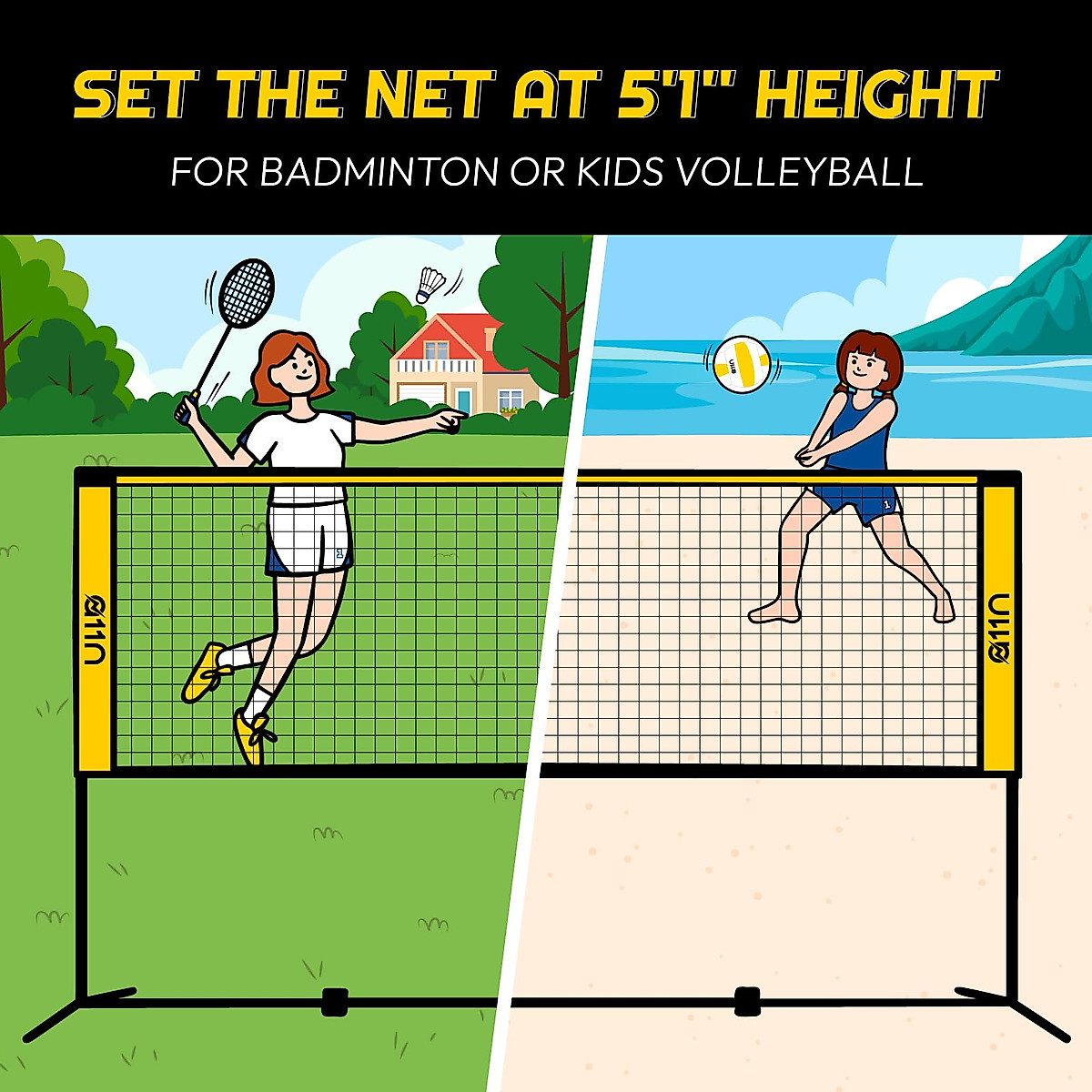 A11N 14ft Badminton Pickleball Net - Height Adjustable for Junior Tennis, Soccer Tennis & Kids Volleyball - Portable for Indoor & Outdoor Play