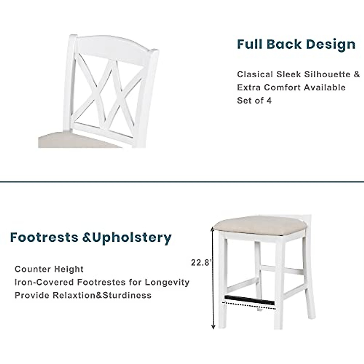 JIVOIT Counter Height 5-Piece Dining Table Set with 4 Upholstered Chairs, Solid Wood Casual Kitchen Set with 1 Storage Drawer, Save-Space Dining Table Set for 4 (White+Beige 001)