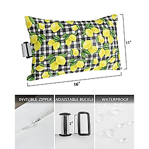 Recliner Head Pillow Ledge Loungers Chair Pillows with Insert Summer Yellow Lemon Black White Buffalo Plaid Lumbar Pillow with Adjustable Strap Outdoor Waterproof Patio Pillows for Beach Pool, 2 PCS