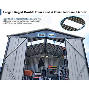 VanAcc 10x12x7.5 FT Outdoor Storage Shed, Metal shed with 2 Clear Panels Hinged Double Doors 4 Vents, Outdoor Shed for Backyard, Garden, Patio, Dark Grey/White