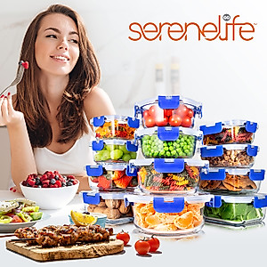 SereneLife 24-Piece Food Storage Containers - Superior Glass Food Storage Set, Stackable Design with Newly Innovated Hinged Locking lids, 11 To 35 Oz. Capacity, Blue - SLGL24BL