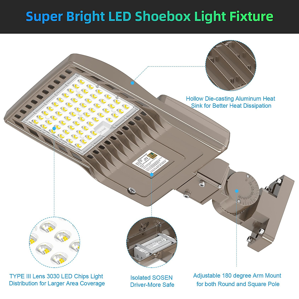 200W LED Parking Lot Light 28000LM with Arm Mount UL DLC Listed, 5000K Shoebox Pole Light AC100-277V, IP65 Waterproof Commercial Street Area Lighting for Driveway/Roadway/Yard, Replace 800W HID HPS