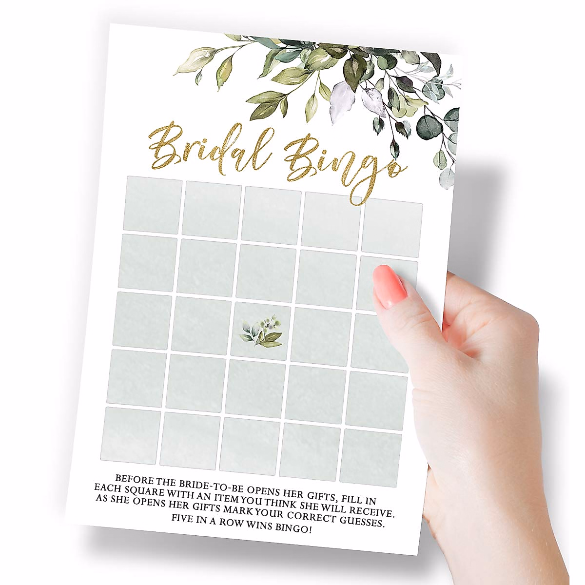 Printed Party Bridal Shower Games – Bingo Game with Blank Squares to Guess The Bride’s Gifts, Fun Wedding Shower Activity, Botanical Eucalyptus Theme, 50 Guests
