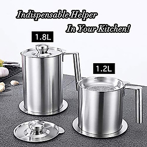 Sumerflos 1.8 L/1.9 Quart Stainless Steel Grease Strainer and Container - Large Oil Storage Pot Grease Keeper with Dust-Proof Lid & Easy Grip Handle - for Bacon, Kitchen Cooking or Frying Oil