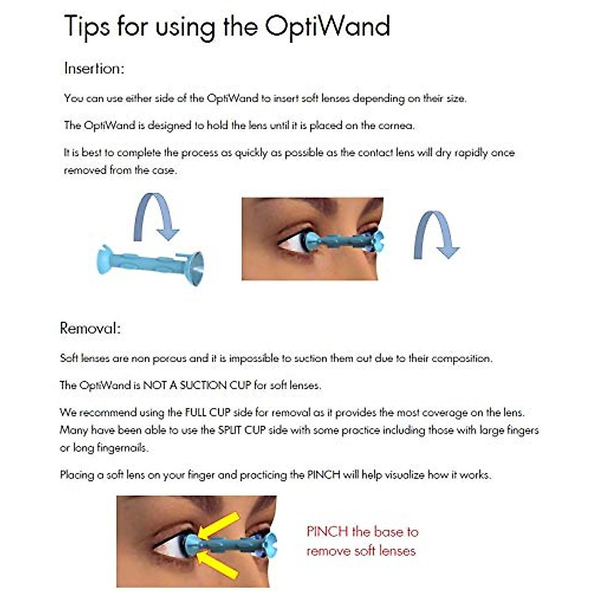 OptiWand 2 Pack Soft Contact Lens Insertion & Removal Tool. Not a Suction Cup for Soft Lens Removal. It Will Help Pinch The Soft Lens. Eye Lens Installer Extractor Applicator Remover Inserter Device
