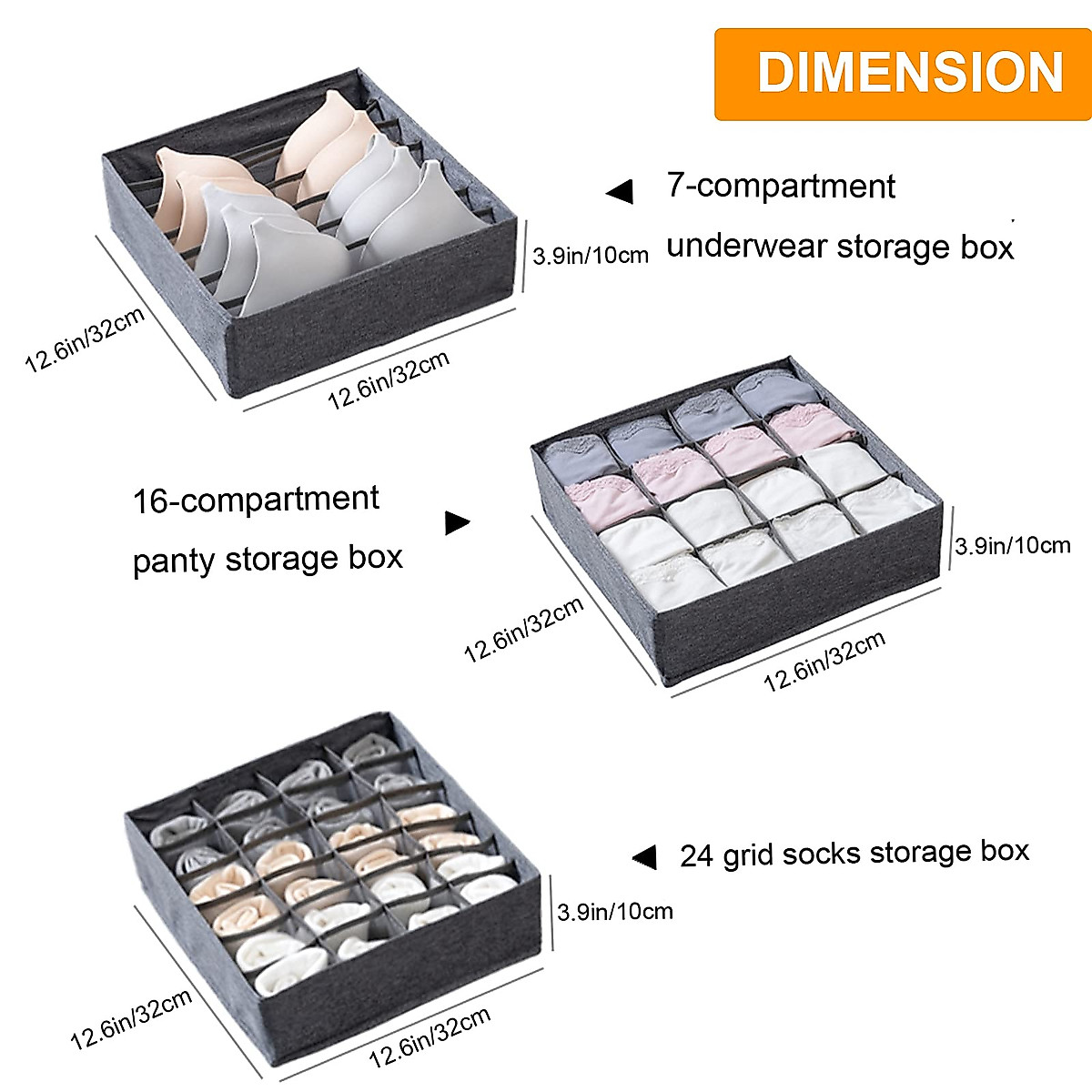 STYLIFING Bra Socks Underwear Organizer 3 Pack, Foldable Closet Organizer Drawer Soft Fabric Dresser Drawer Divider Bins for Bra Underwear Socks Ties Lingerie(Gray)