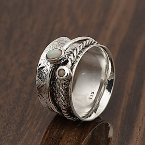 Spinner Ring !! 925 Sterling Silver Opal Gemstone Meditation Ring, Anxiety Ring, Fidget Ring, Anti Stress Ring, Worry Band (9.5)