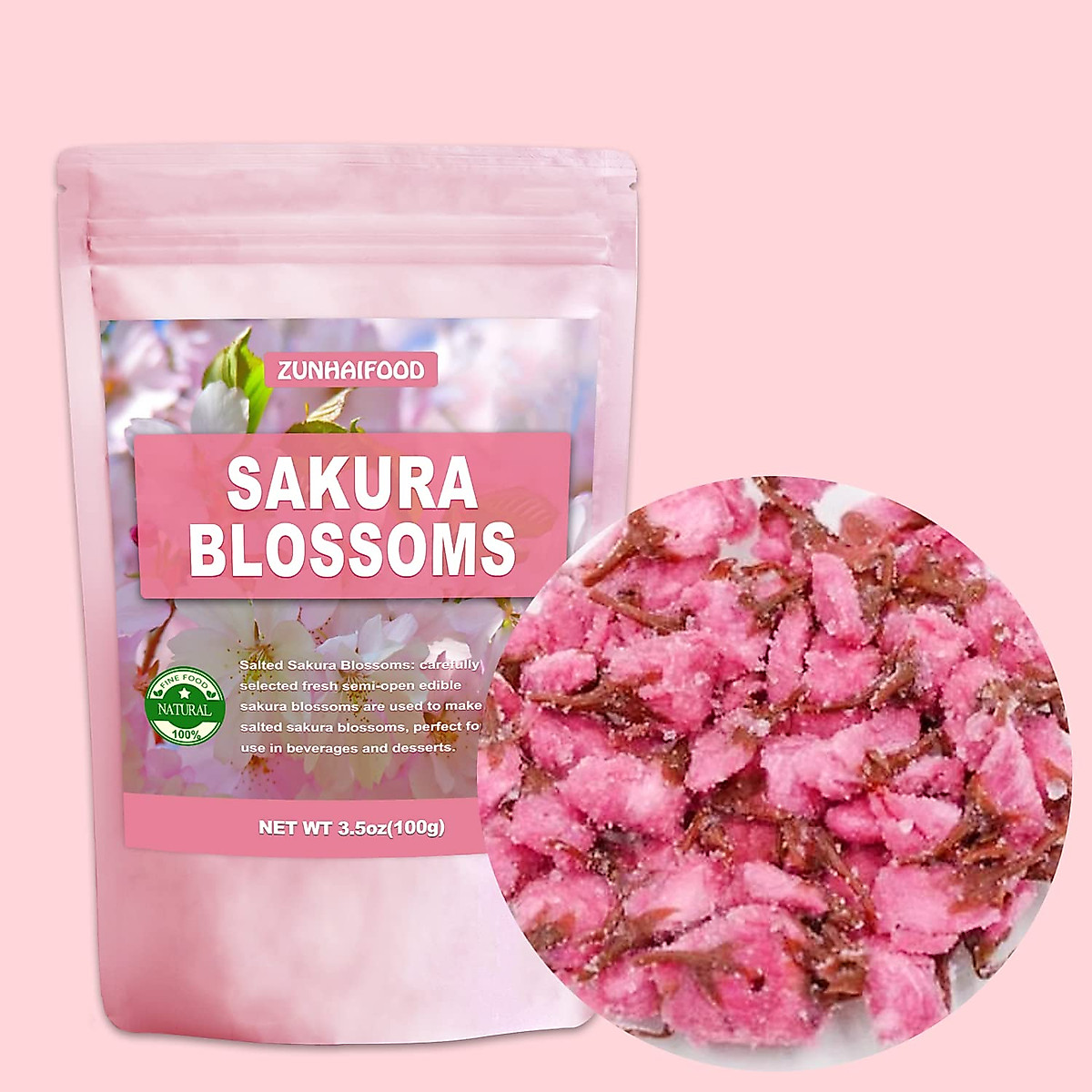 Edible Salted Sakura Blossoms, Premium Pickled Sakura Cherry Blossoms, 3.5oz(100g)