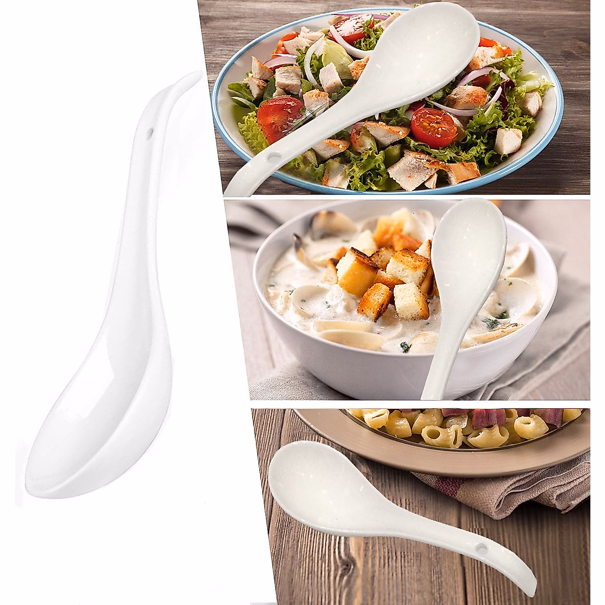 QLANS Soup Spoons, Ceramic Chinese Soup Spoons, Asian Soup Spoons, White Japanese Spoon Large for Ramen Pho Wonton Dumpling Miso, Deep Oval Hook Design, Set of 8