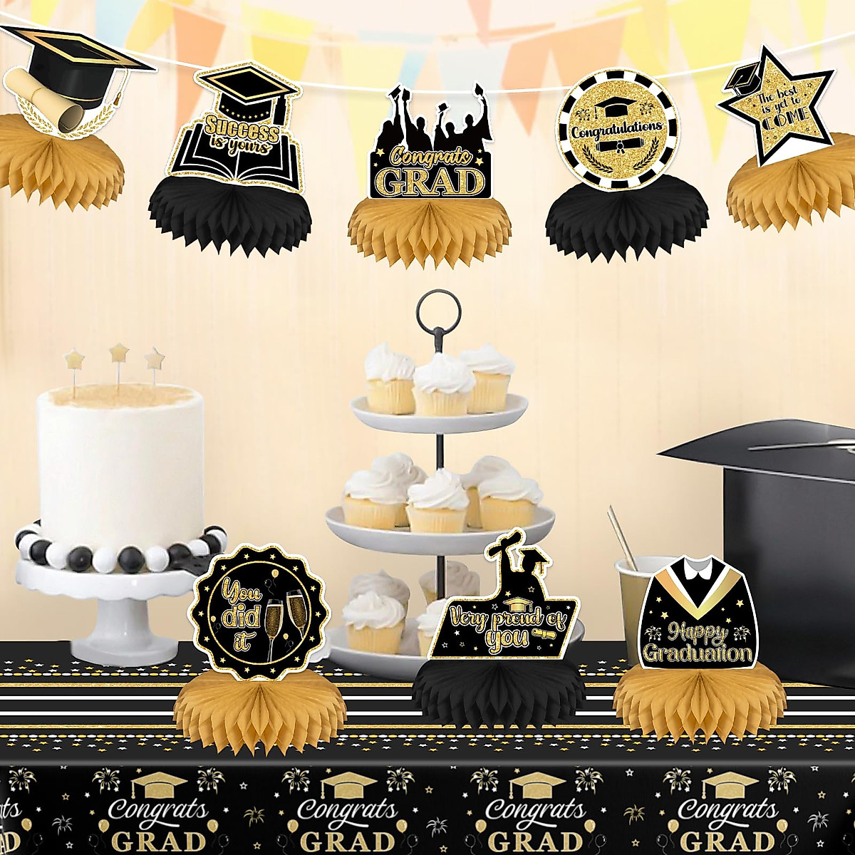 9PCS Graduation Party Decorations Class of 2024 Congrats Grad Table Centerpiece Congratulate Graduation Black and Gold Honeycomb Table Toppers for Graduation Party Supplies